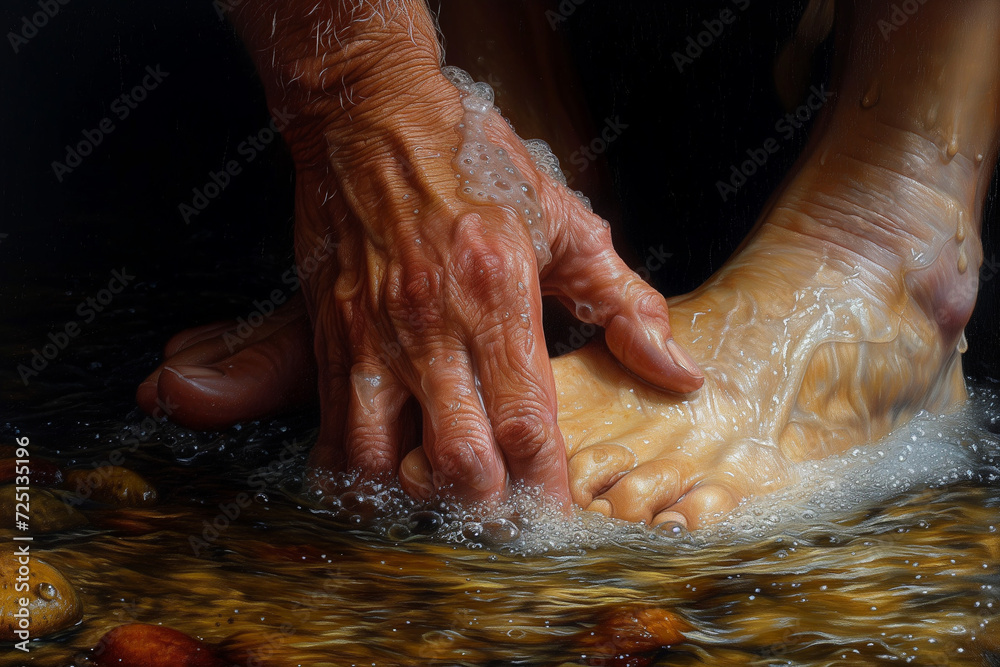 Jesus washing an apostle's feet, close-up detail of a painting of the ...