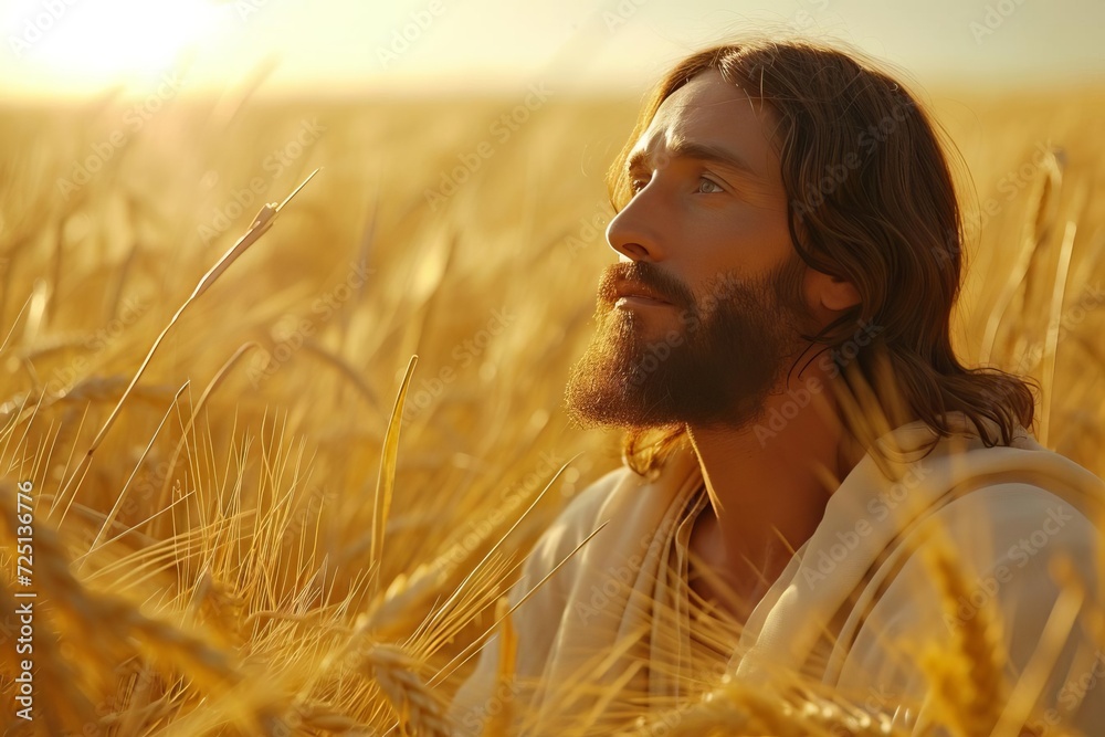 Jesus amidst a field of golden wheat Symbolizing sustenance and the ...