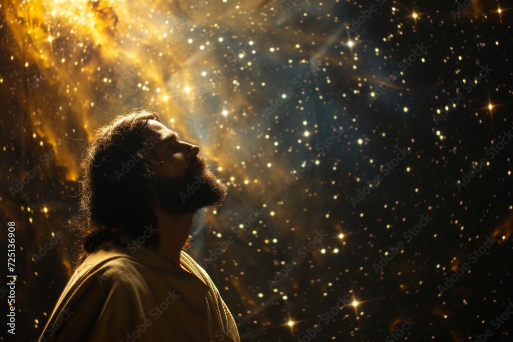 Jesus under a canopy of stars Symbolizing the infinite nature of divine ...