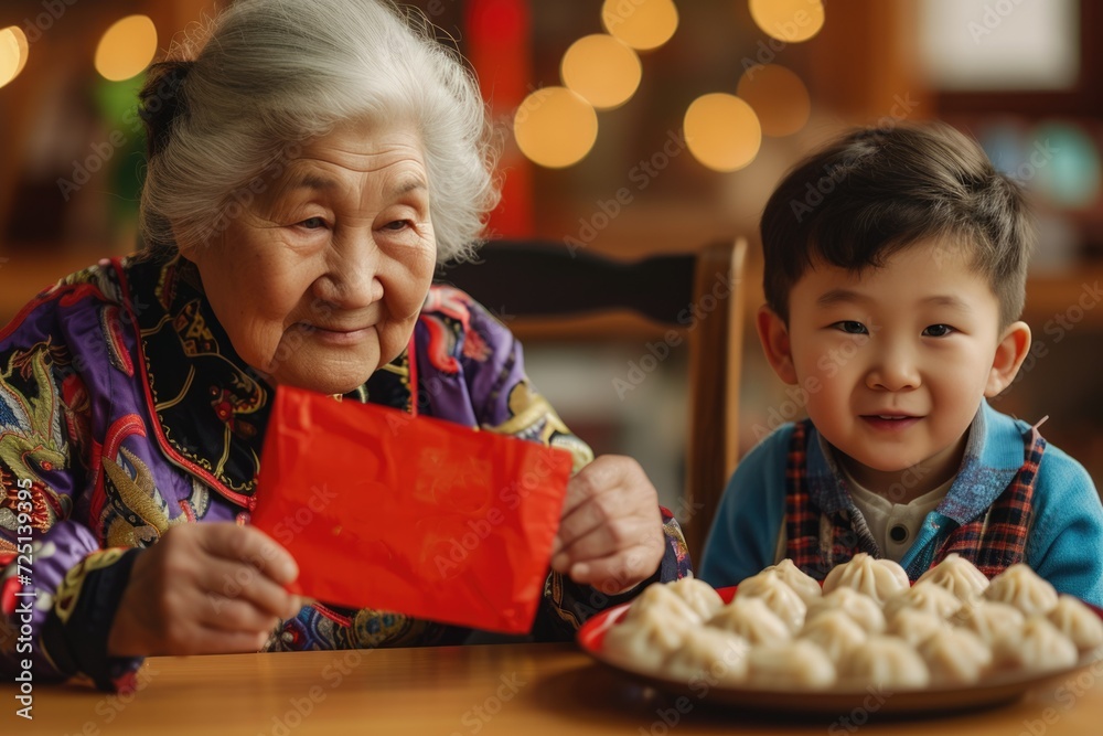 Foto de An old Chinese grandmother gives her child and grandson a red ...