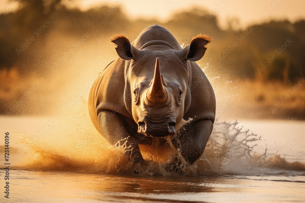 A rhino running through water. Rhinoceros in the Okavango Delta Moremi ...