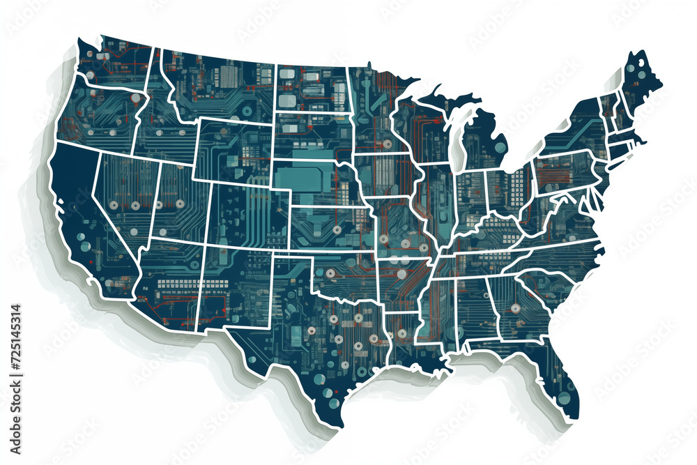 Map of the United States and a Printed Circuit Board PCB on a White ...