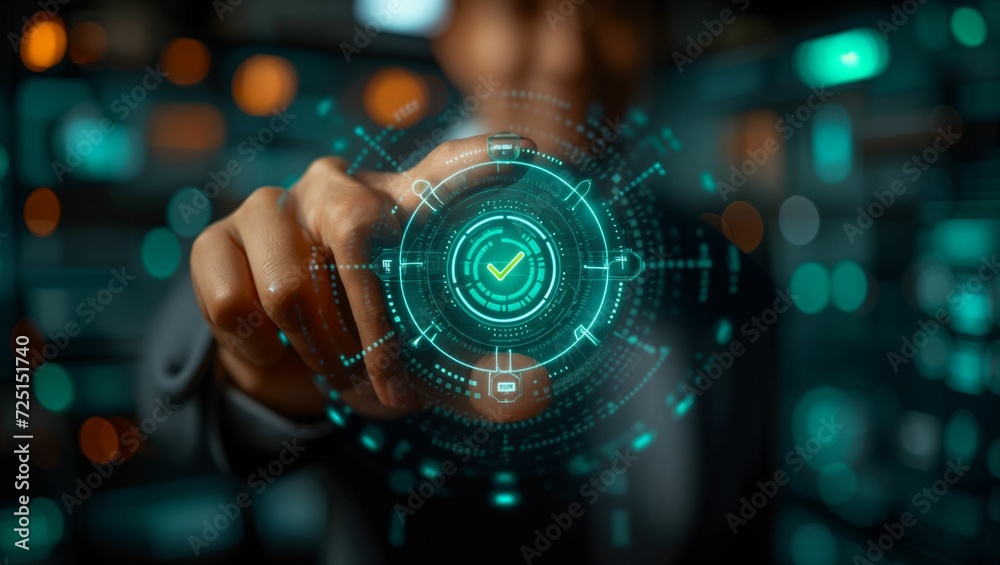 Green check mark for being selected, businessman touching on ...