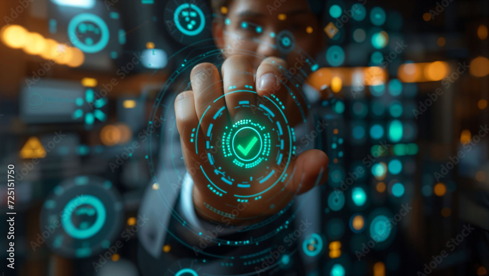 Green check mark for being selected, Businessman touching on ...