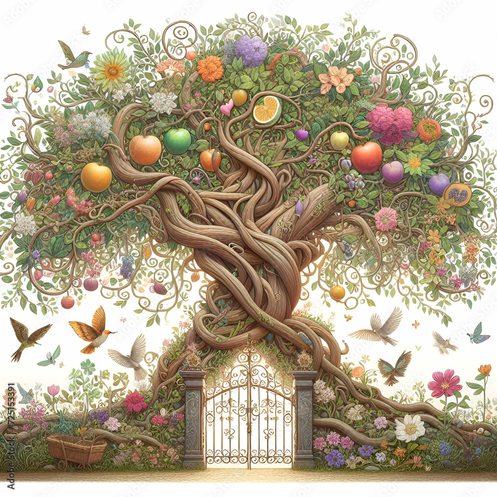 Sacred Bible Healthy Tree of Life with Fruits, Flowers, and Birds and ...