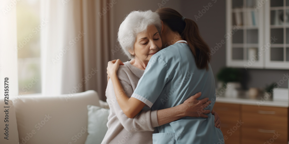 Empathy and care concept. Caregiver nurse wearing uniform embracing ...