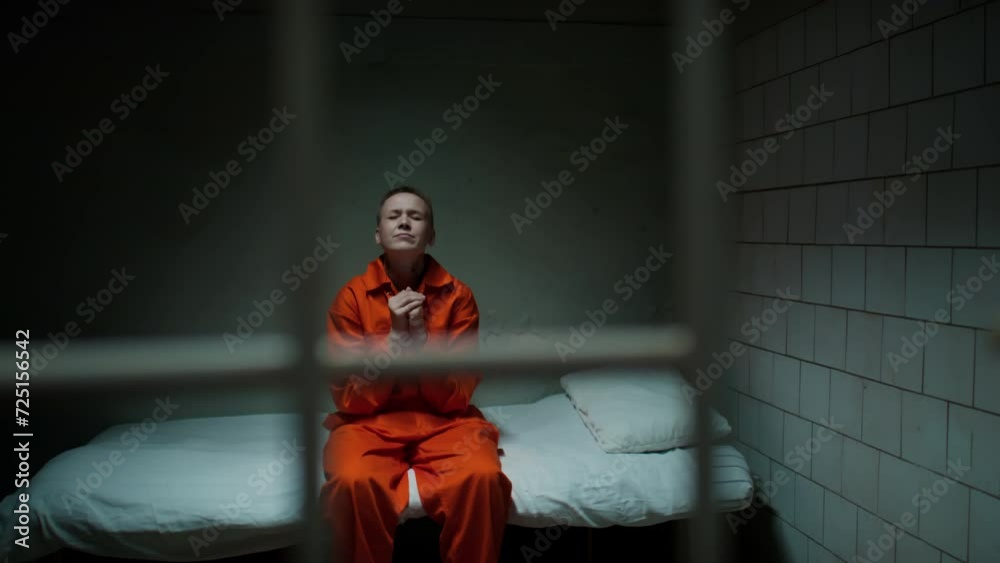 Vidéo Stock View through barred wall of female inmate holding palms ...