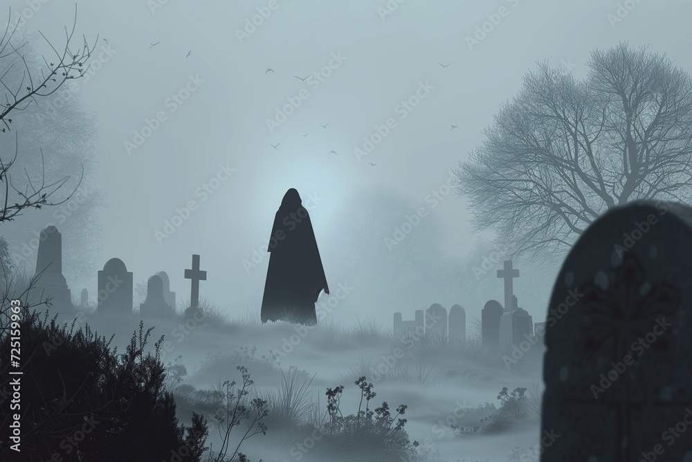Ghostly Apparition in a Fog-Cloaked Graveyard - A Haunting Scene for ...