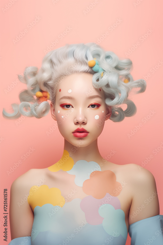 Pictorial weird portrait of oriental young woman. Surreal illustration ...