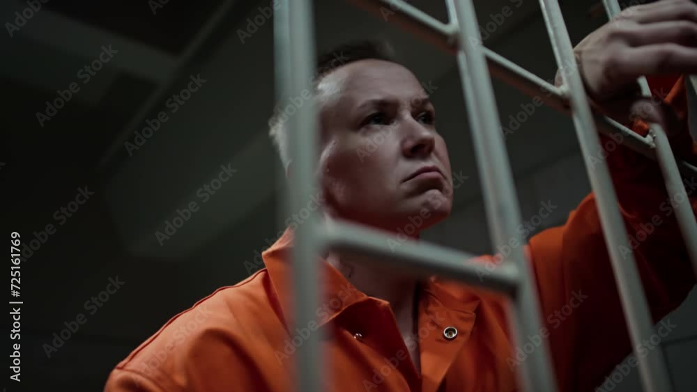 Low angle shot of wicked female inmate with short haircut and tattoos ...