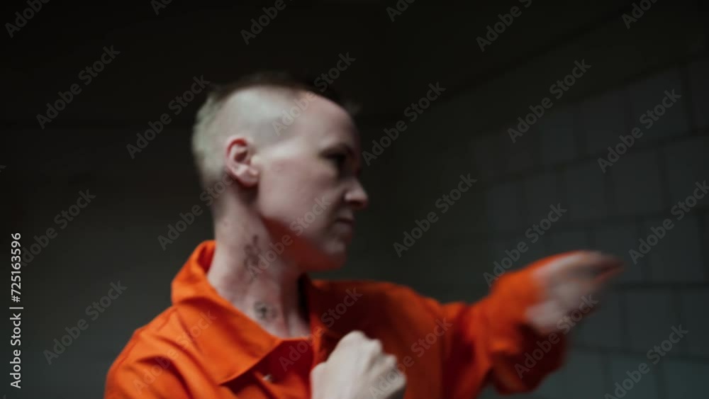Female inmate in orange uniform throwing boxing punches in air while ...