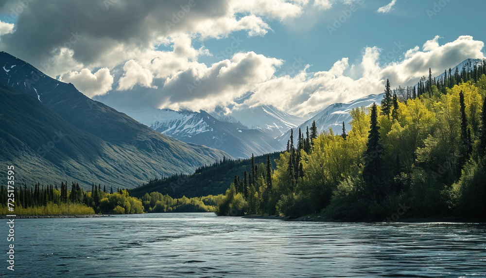 Snowy mountains of Alaska, landscape with forests, valleys, and rivers ...
