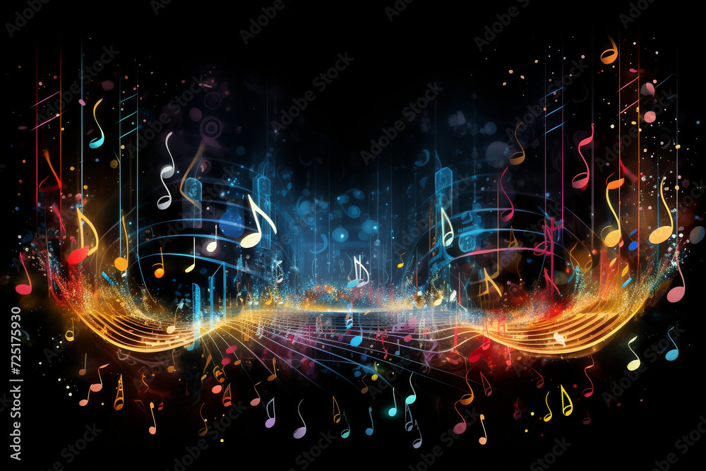 Composition of musical notes, lights, wave and sine patterns on the ...