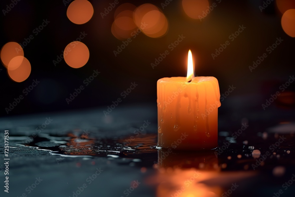 A candle in water amidst a dark scene of total darkness. A lone candle ...