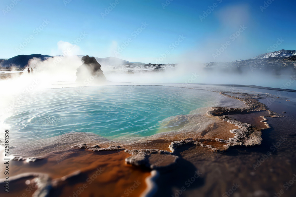 a hot thermal pool filled with hot spring water at an Icelandic ...