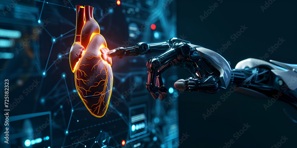 Heart with robotic hand ,AI surgen , adaptive heart scape futuristic ...