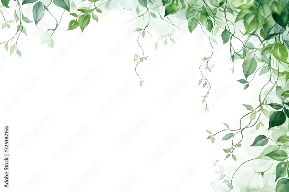 Watercolor green leaves climber border on white background with copy ...