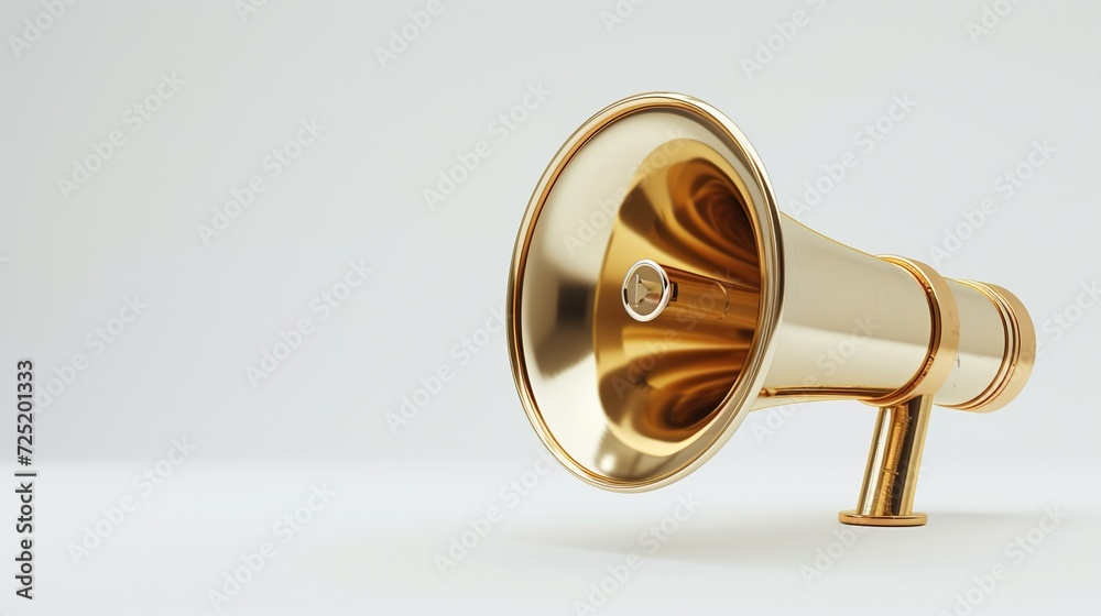 Golden metal megaphone isolated on white background. 3d rendering of ...