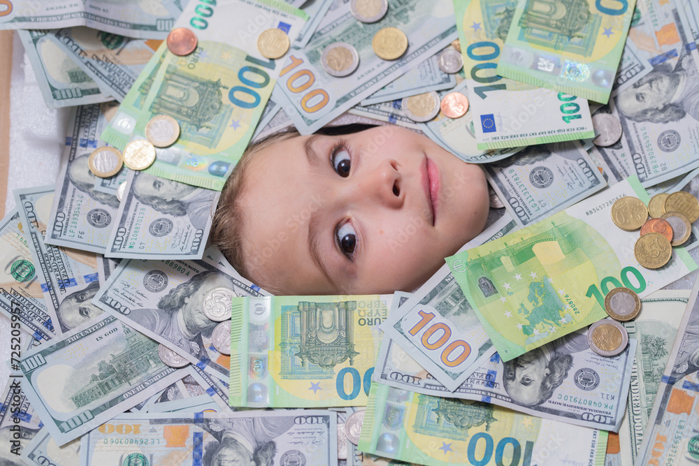 Euro and dollar concept. Money win, big luck. Kid with fun face in ...