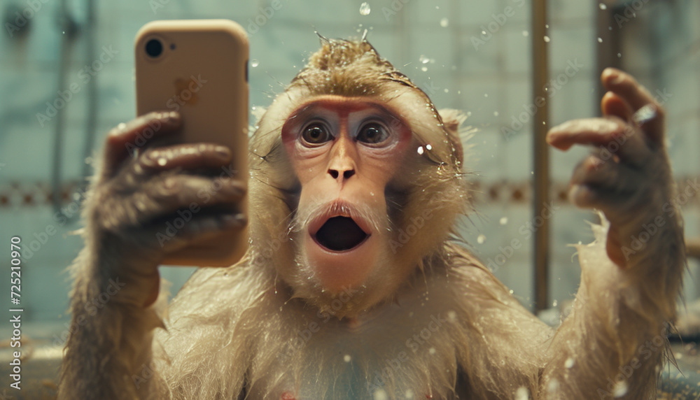 monkey taking a selfie with his mobile phone, generative ai. Stock ...