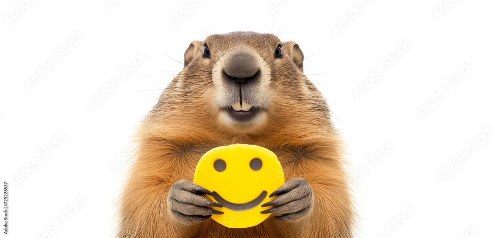 Groundhog Day Cheer: Adorable Groundhog Embraces Yellow Happy Emoji ...