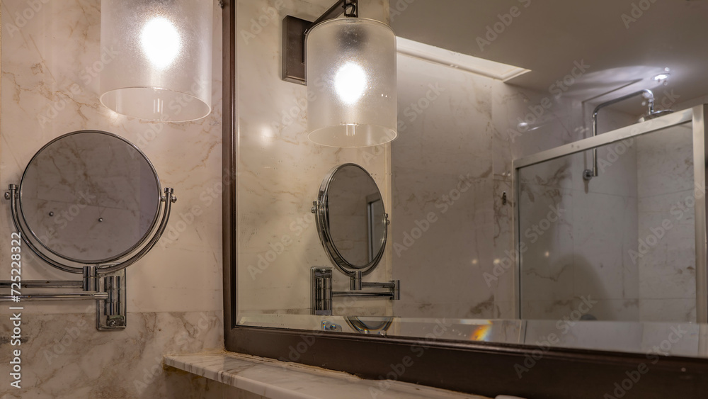 Details of the bathroom interior. Large rectangular and round ...
