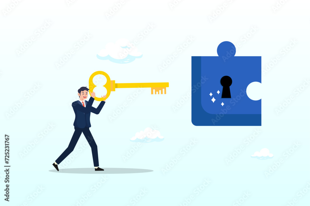 Vecteur Stock Businessman turn key into jigsaw puzzle keyhole, Turnkey ...