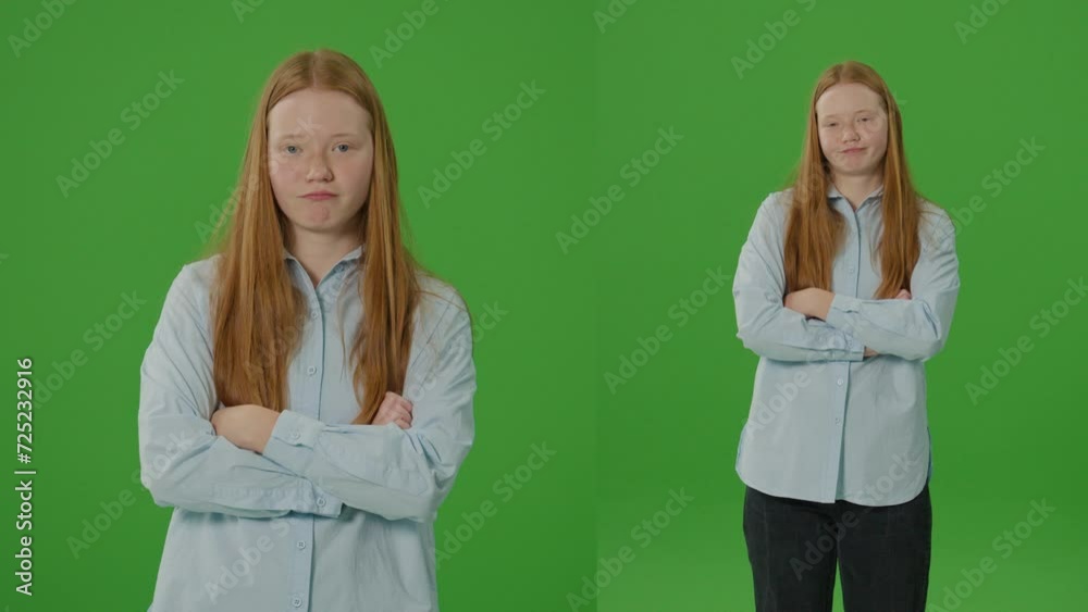 Vidéo Stock 2-in-1 Split Green Screen. Girl Stands Defiantly With ...