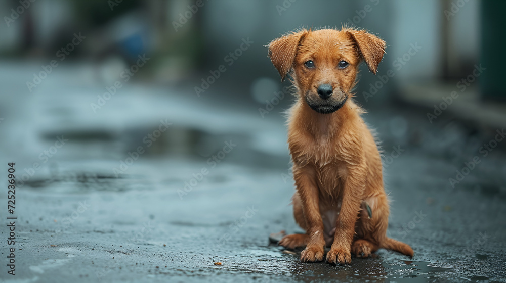 Stray homeless dog. Sad abandoned hungry puppy sitting alone in the street under rain. Dirty wet ...