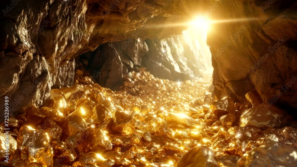 big gold nugget as treasure discovery in cave video animation looping ...
