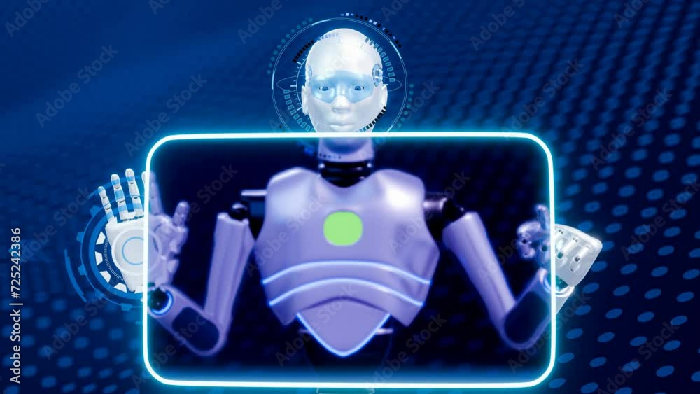 The robot makes a hug, has light from a hologram, shows a picture of ...