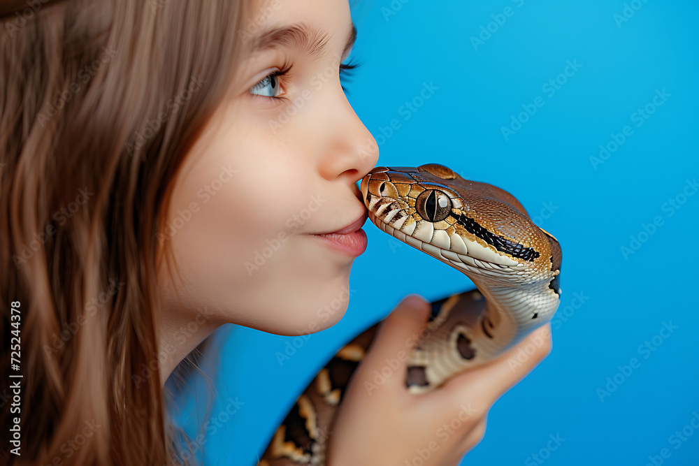 portrait of a young girl hugging a snake, fearless human-animal ...
