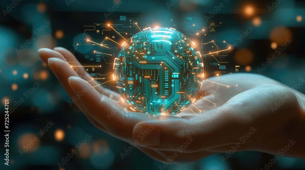 Human hand holding a metallic gear with integrated circuits ...