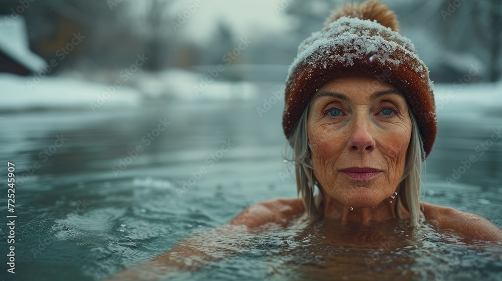 Elderly bathing in the cold water outdoor in a frozen and snowy lake. Wim Hof Method, cold water ...