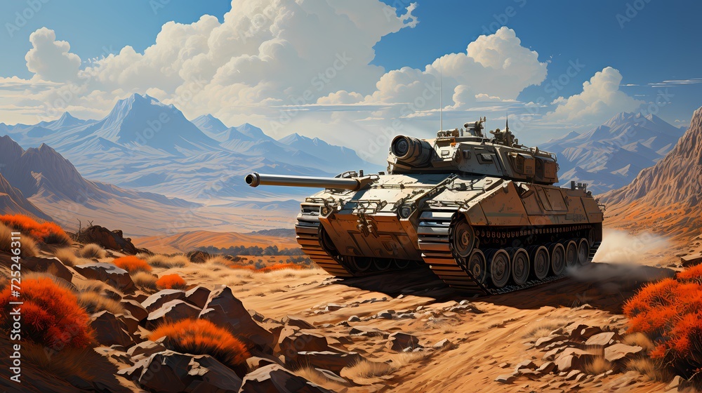 Armored reconnaissance vehicle surveying a vast desert landscape during ...
