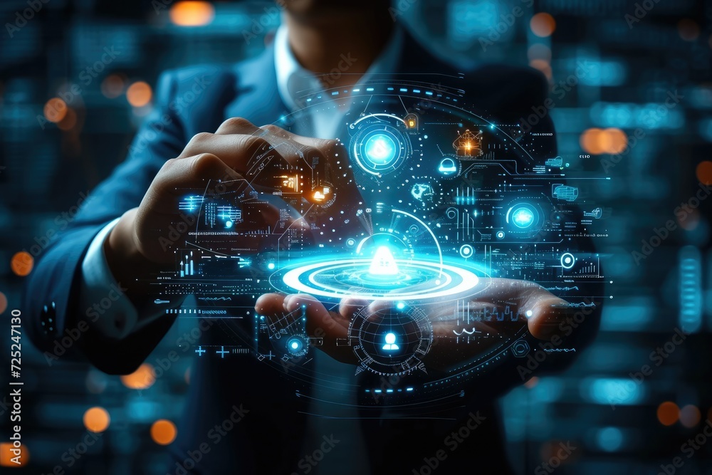 Intelligence and Automated machine learning language blue digital user interface with ...