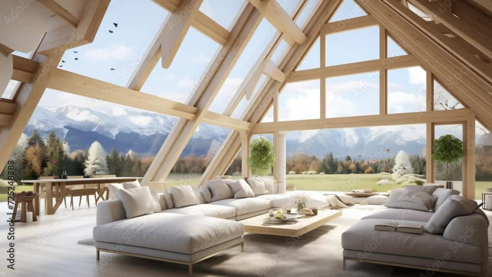 panoramic window, modern white interior design. . living room of luxury ...