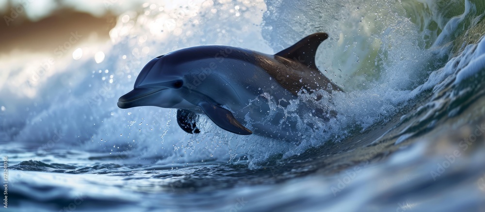 The close-up photo showcases the dolphin's movements and features, as ...
