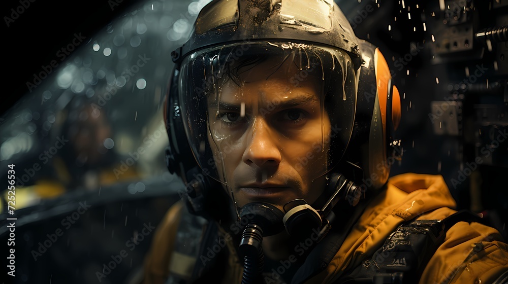 Close-up of a fighter pilot in a state-of-the-art cockpit, preparing ...