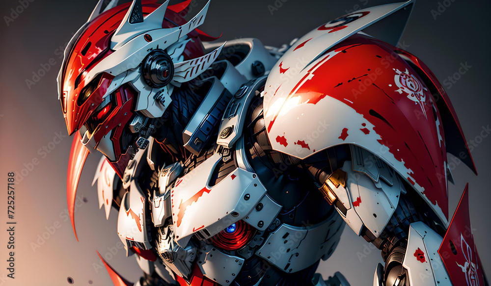 Anime mecha standing facing sideways with a dynamic angle pose, dark ...