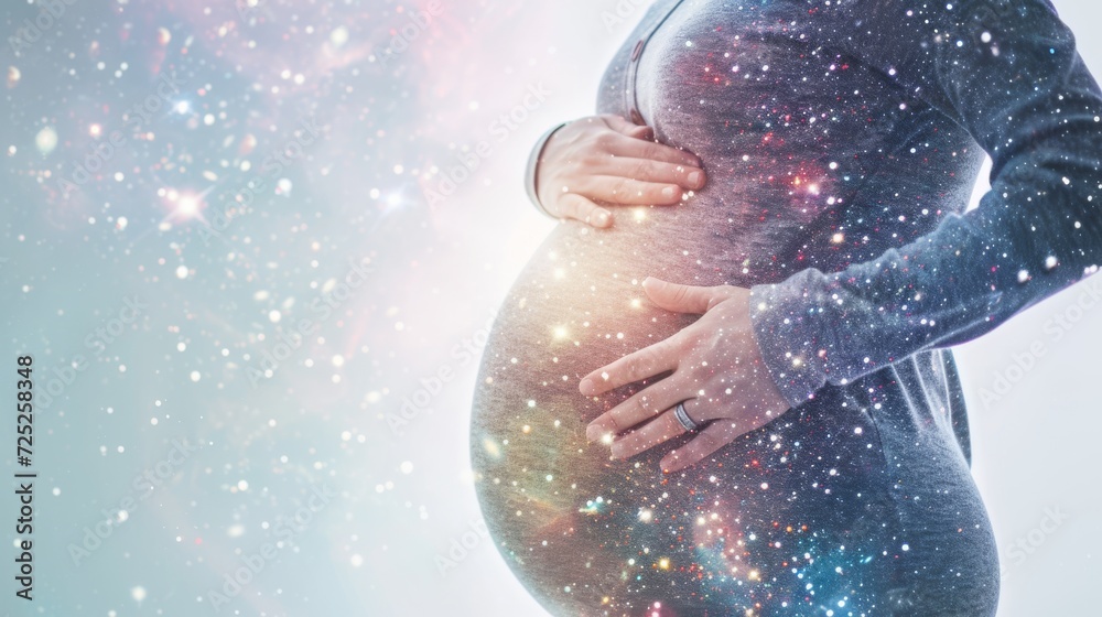 Pregnant woman with a cosmic nebula overlay on her belly, double ...