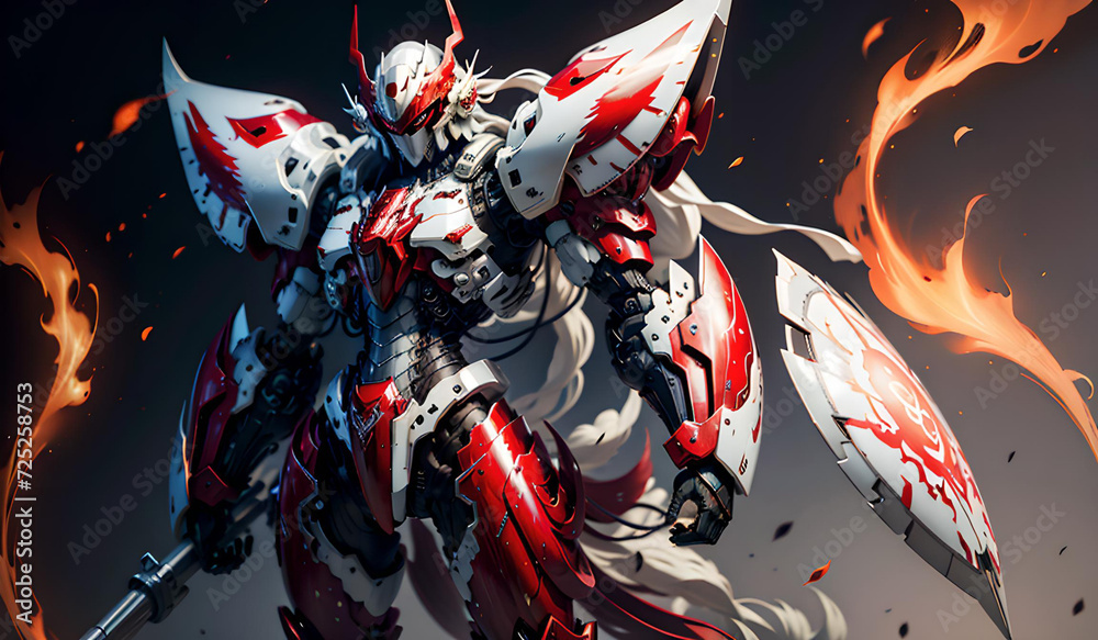 Anime mecha standing facing sideways with a dynamic angle pose, dark ...