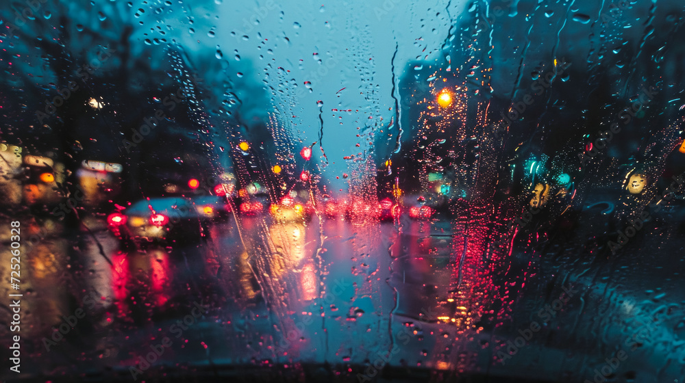 Raindrops race down a car window, distorting the cityscape into a ...