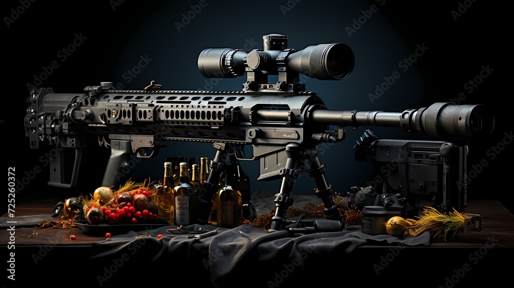 Close-up shot of a specialized sniper rifle with a high-powered scope ...