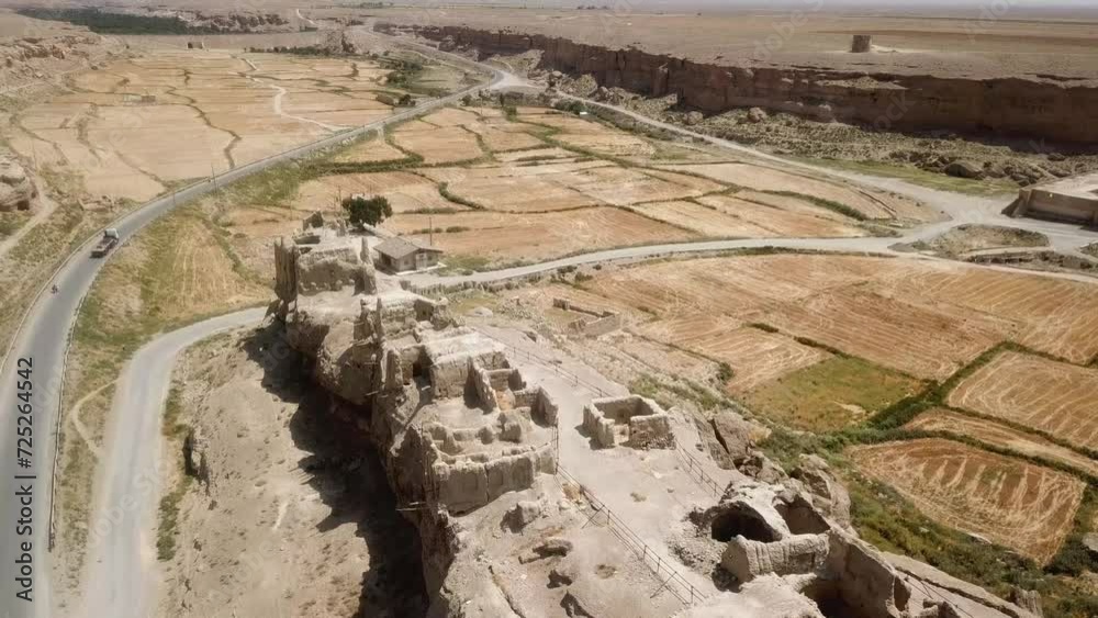Fly over historical castle in silk road izadkhast village in fars one ...