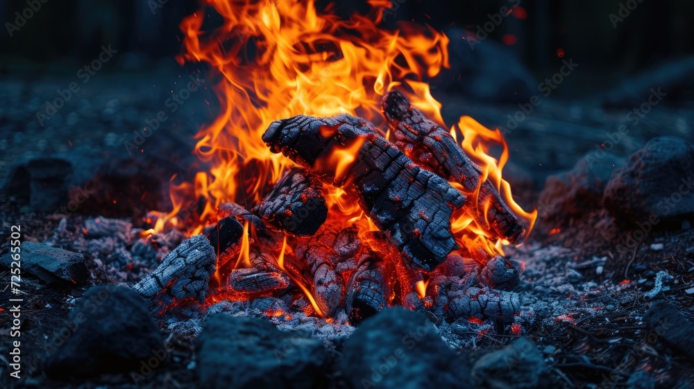 Slow motion fire flame, super slow hot power of bon fire on dark night ...