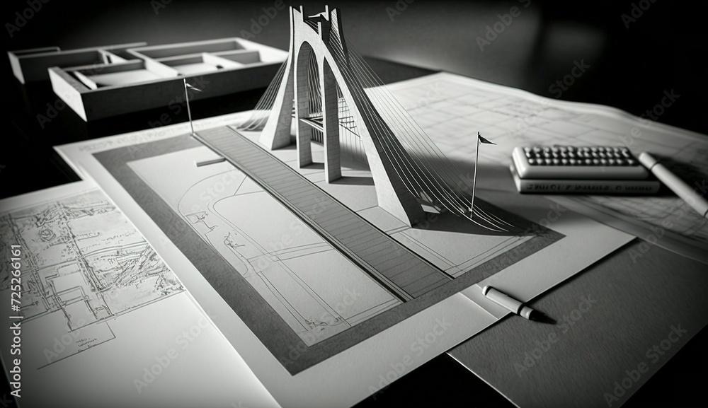 vision of architecture of a 3d model bridge project with blueprint ...