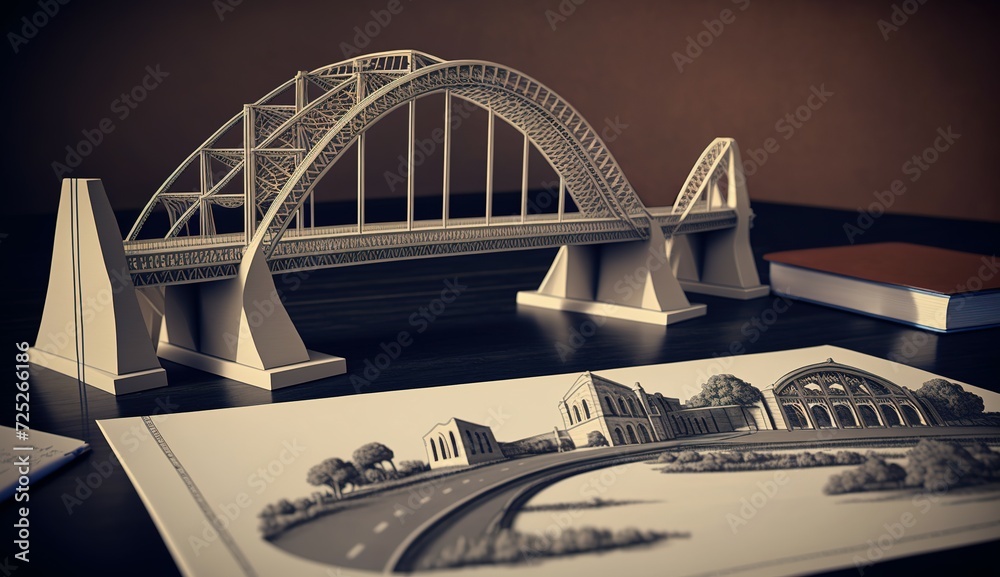 vision of architecture of a 3d model bridge project with blueprint ...