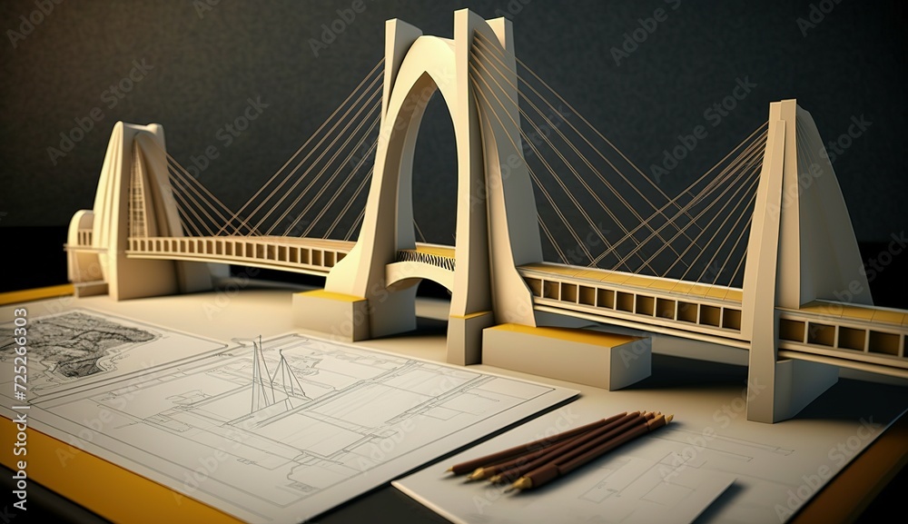 vision of architecture of a 3d model bridge project with blueprint ...