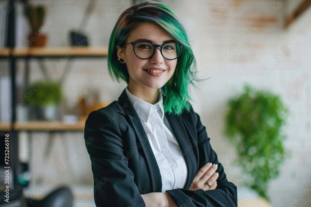 Smiling non-binary woman with long dyed green hair arms crossed looking ...